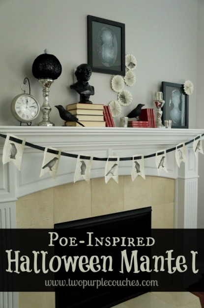Edgar Allan Poe Inspired Halloween Mantel Decor - two purple couches