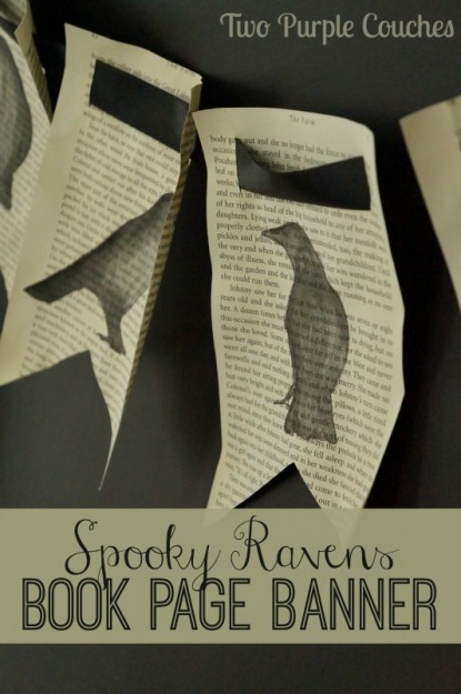 Spooky Ravens Halloween Book Page Banner - two purple couches