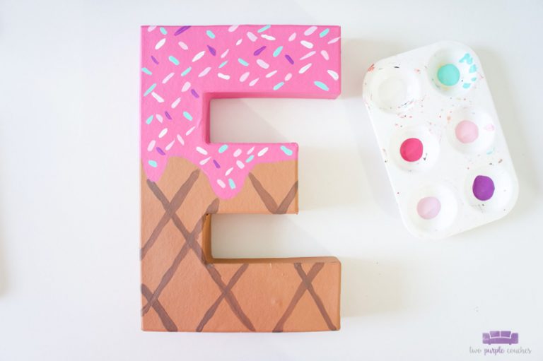DIY Painted Ice Cream Letters - two purple couches