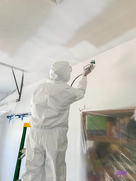 Paint a Textured Ceiling with a Paint Sprayer - two purple couches